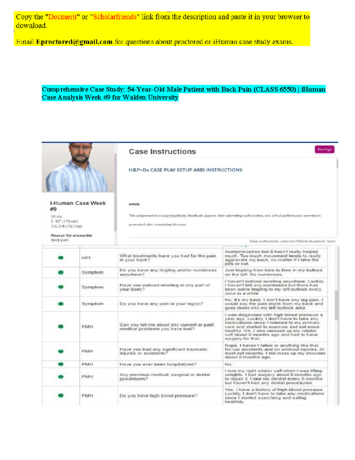 Comprehensive iHuman Case Study: Back Pain in Male Patient (CLASS 6550 ...
