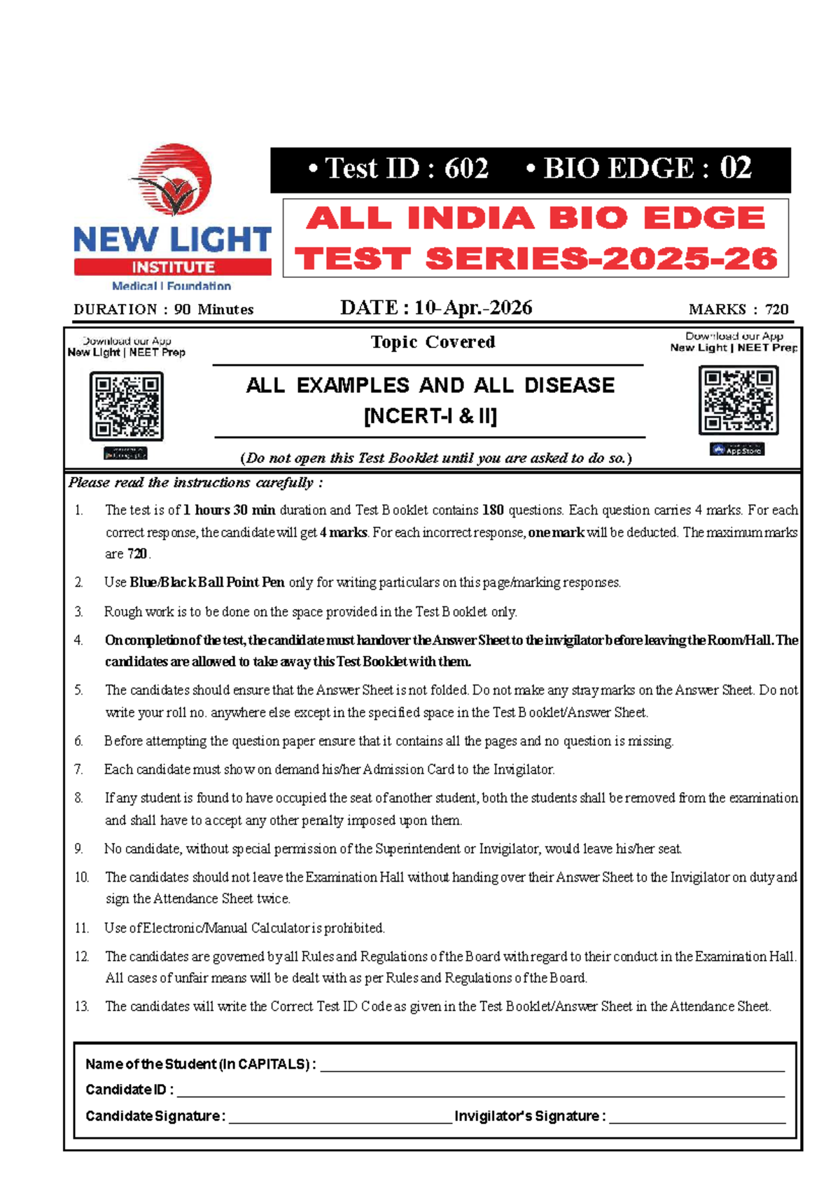 BIO EDGE - 02 Test Paper for NEET 2026 (180 Questions) - Studocu
