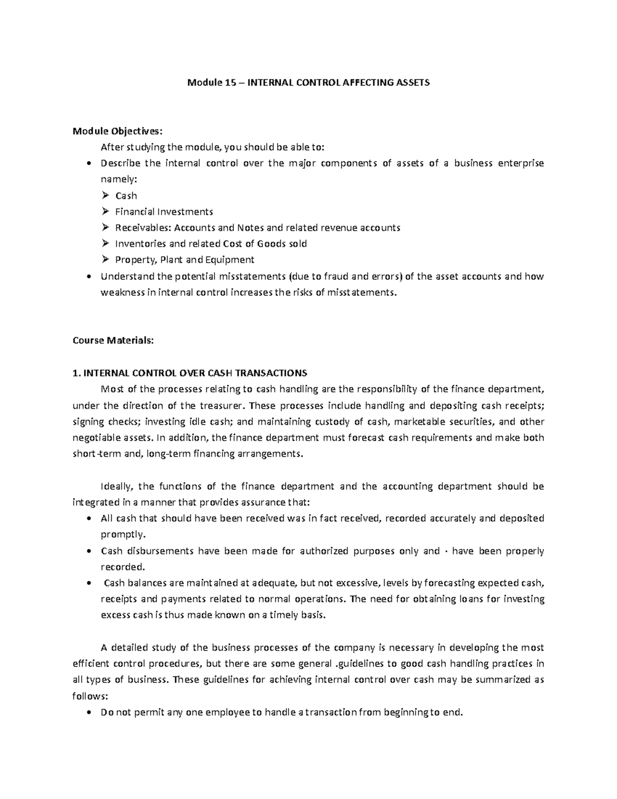 Module 15 - Assessing Internal Controls Over Business Assets - Studocu