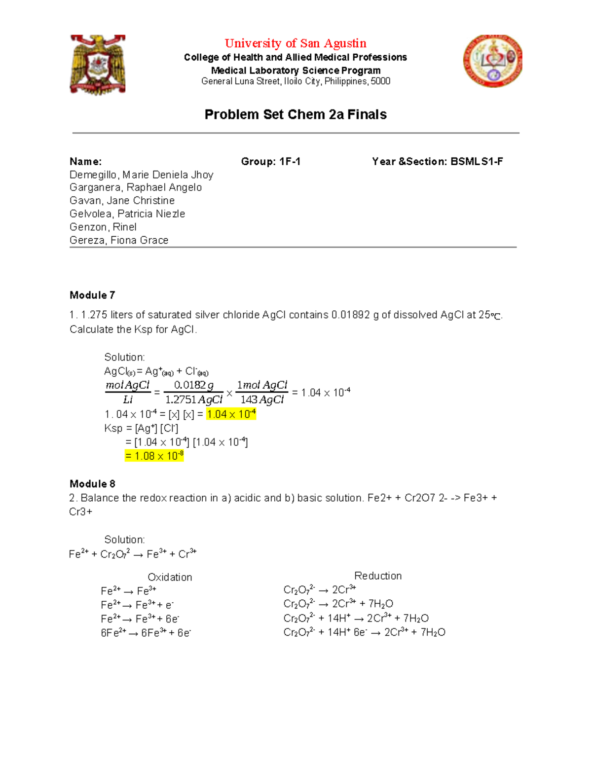 Bsmls 1 F1 Problem Set: Chem 2a Finals Solutions - Studocu