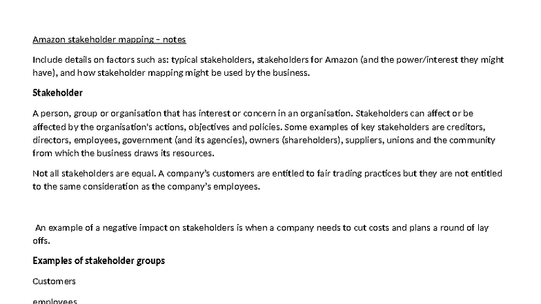 Amazon Stakeholder Mapping Notes: Key Groups & Their Impact - Studocu