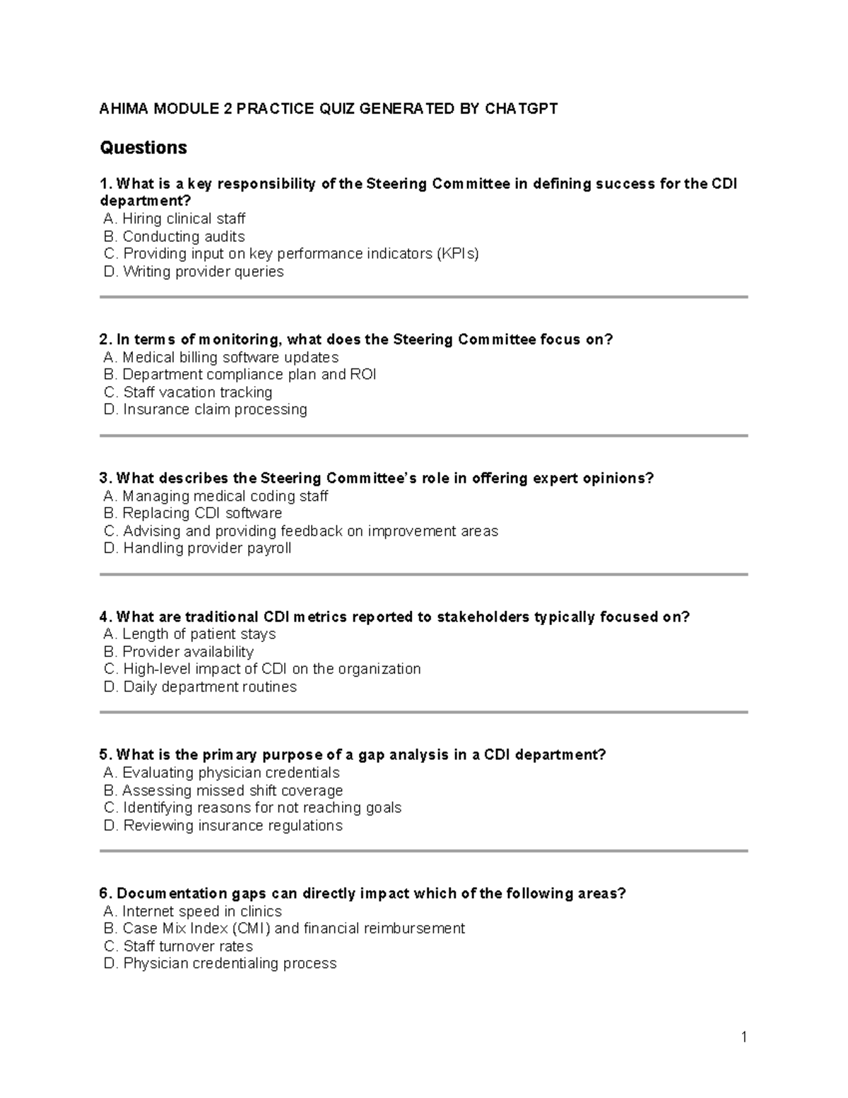 AHIMA MODULE 2 PRACTICE QUIZ: CDI Concepts and Strategies - Studocu