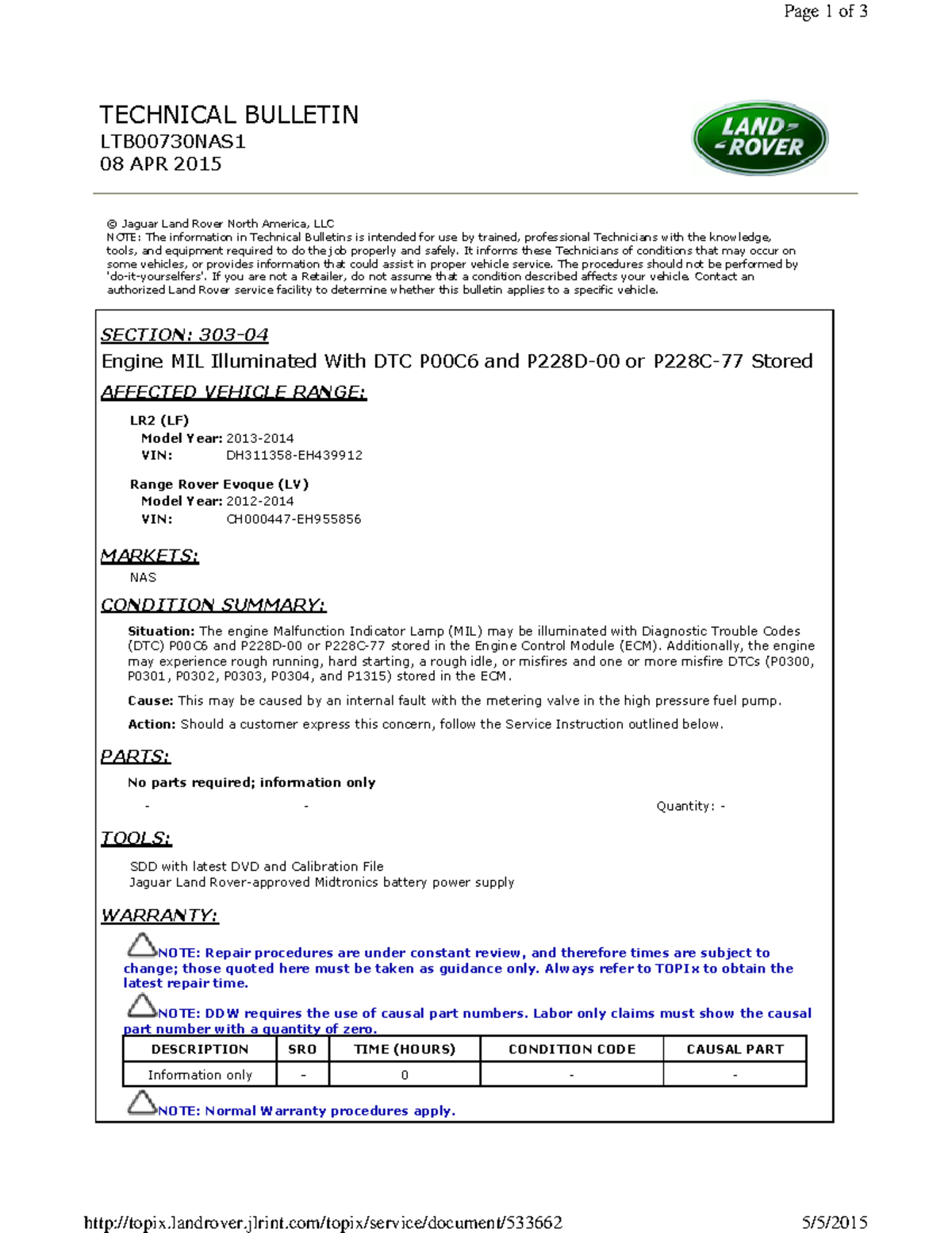 Boletín de Servicio LTB00730NAS1: Diagnóstico P00C6 para Land Rover ...