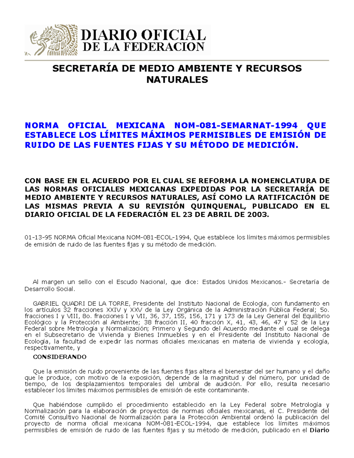 NOM-081-SEMARNAT-1994: Límites Máximos de Emisión de Ruido y Medición ...