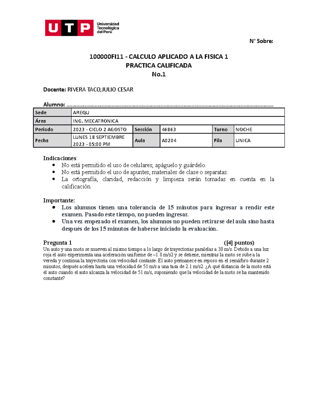 PC FI11 Practica Calificada: Calculo Aplicado a la Fisica 1 - 2023 ...