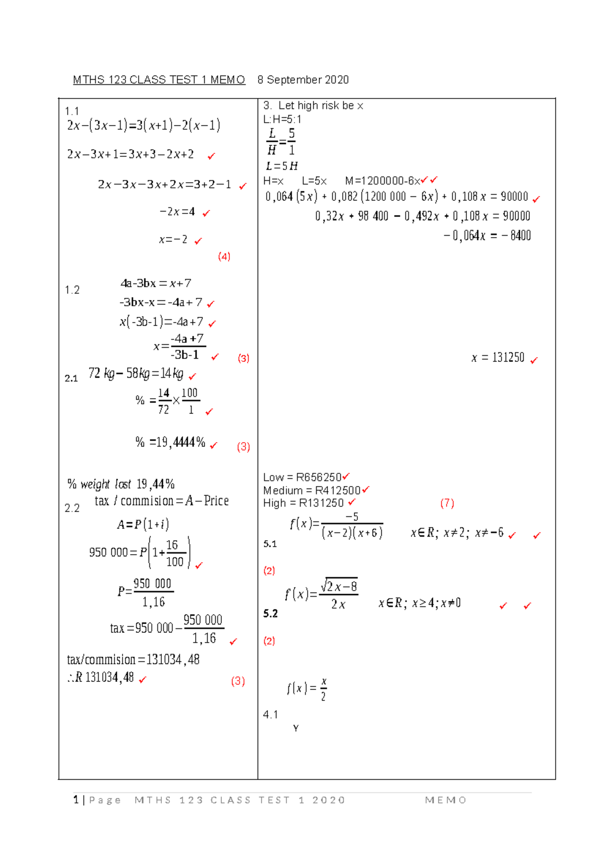MTHS 123 CLASS TEST 1 MEMO - 8 SEPT 2020 - Studocu