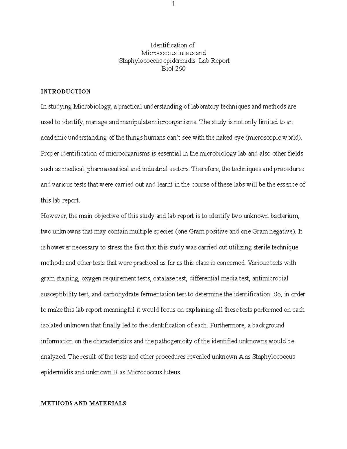 Identification of Two Unknown Bacteria Species Lab Report ...