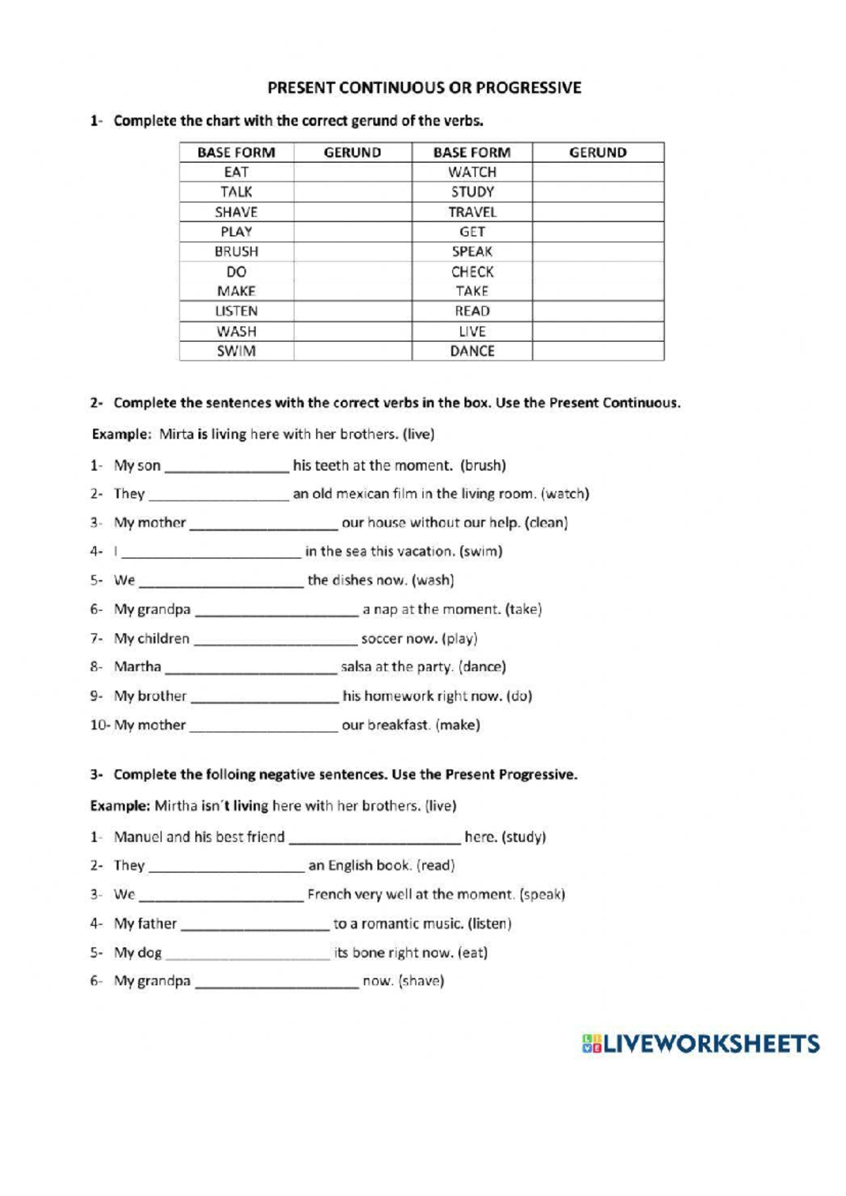 CHE3 Present Progressive: Gerund and Sentence Completion Exercises ...