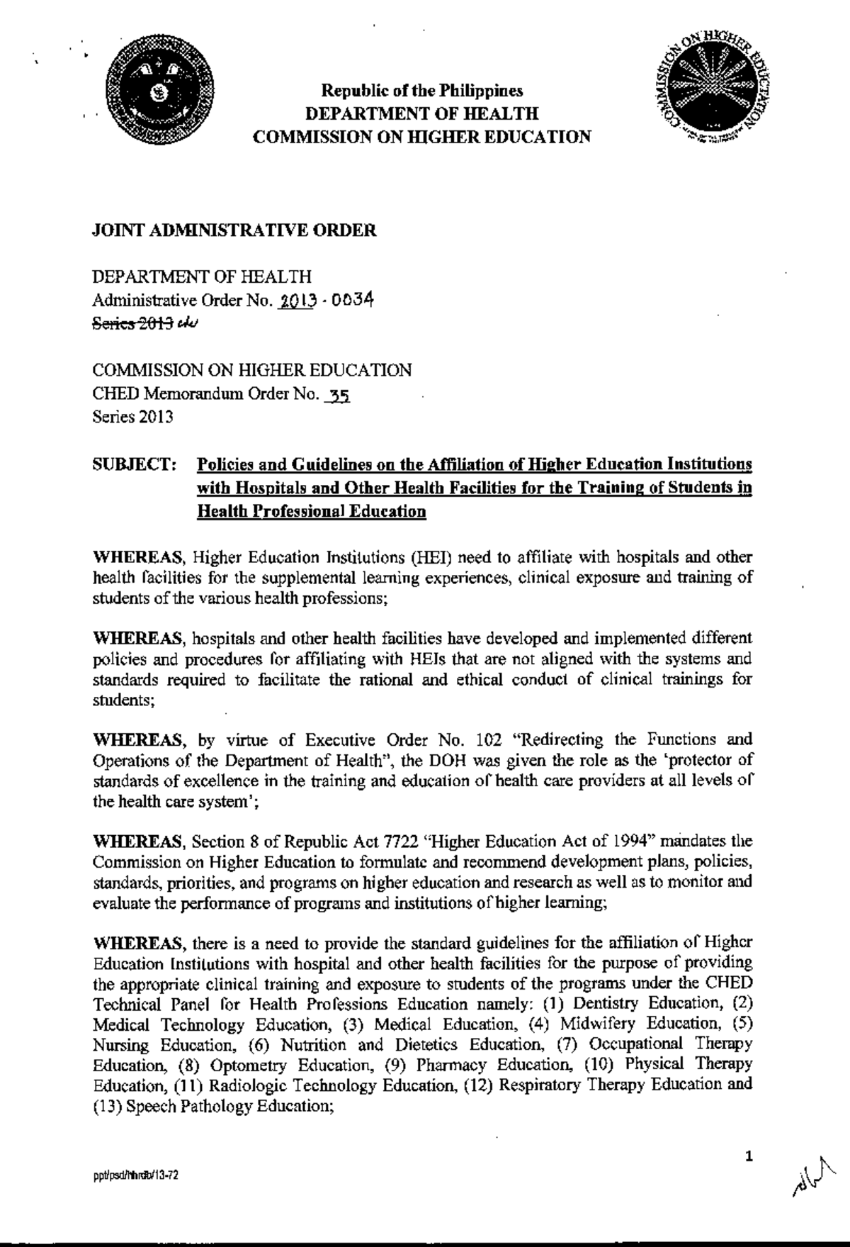 DOH-CHED Joint Administrative Order 2013: Affiliation Guidelines for HEIs - Studocu
