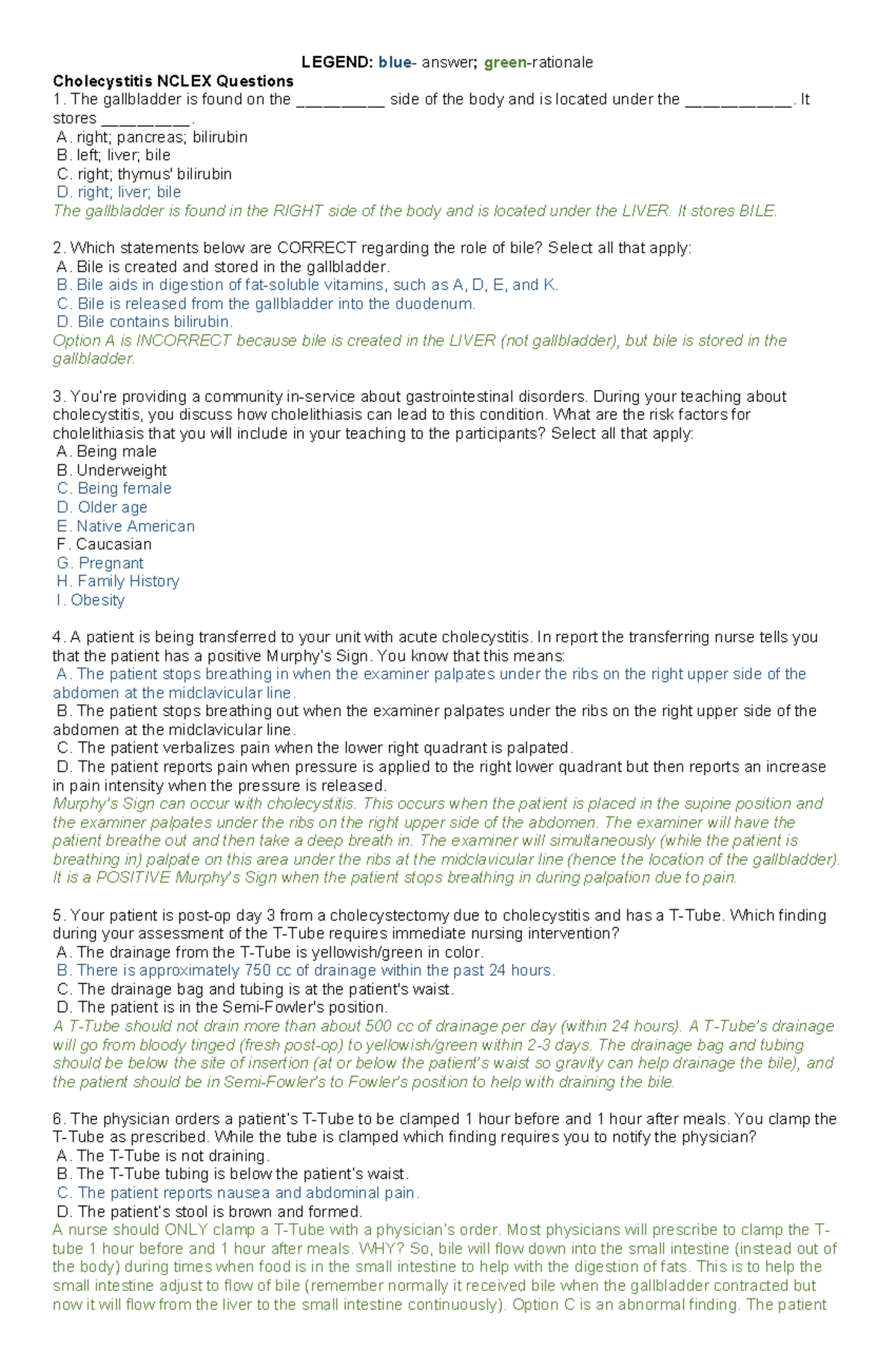 Cholecystitis NCLEX Review Questions and Key Concepts - Studocu