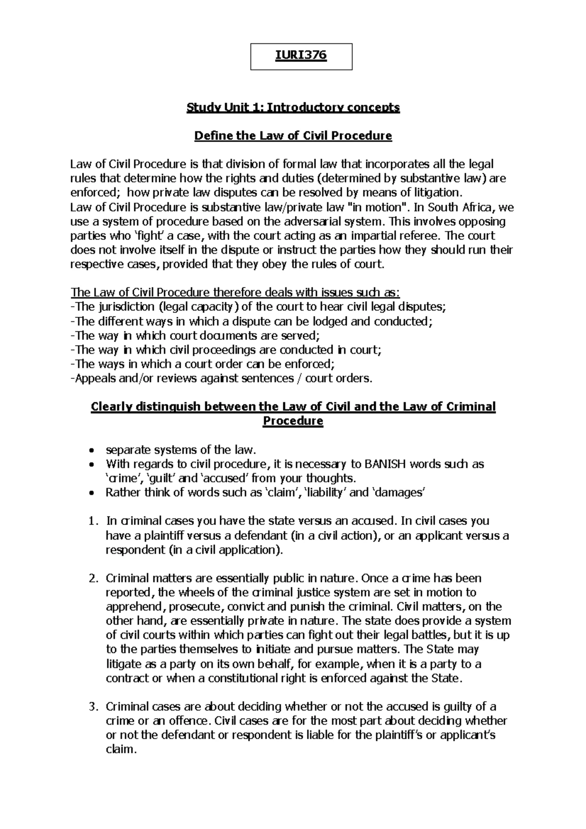 Civil Procedure su1 - short summary - Civil Procedure: 1. Civil Procedure and Its Place in the ...