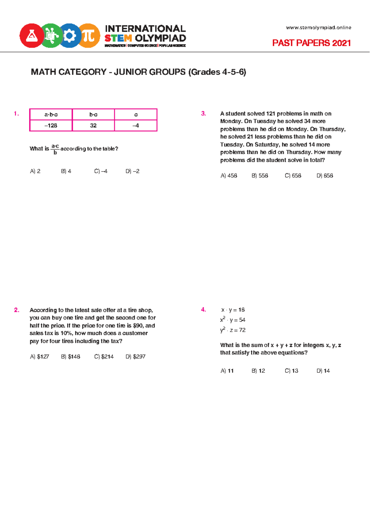 2021 EN Math Past Papers for Junior Groups (Grades 4-6) - Studocu