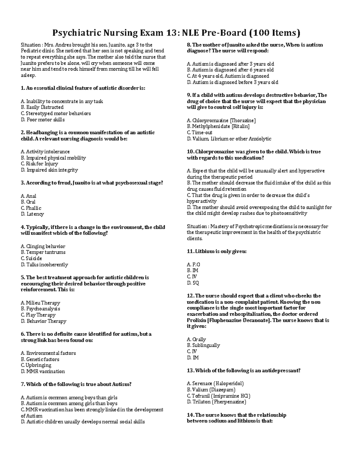 Psychiatric Nursing Exam 13 NLE Pre-Board Review (100 Questions) - Studocu