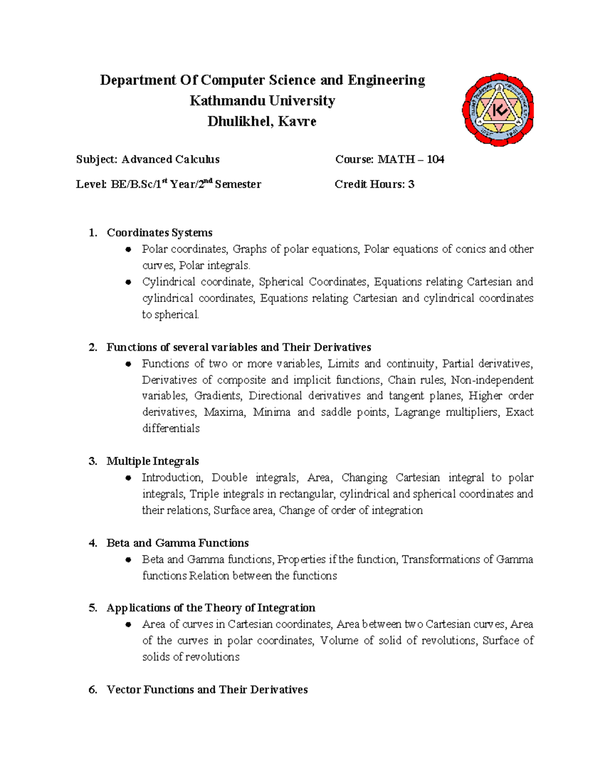 MATH 104 Advanced Calculus Course Notes and Topics Overview - Studocu