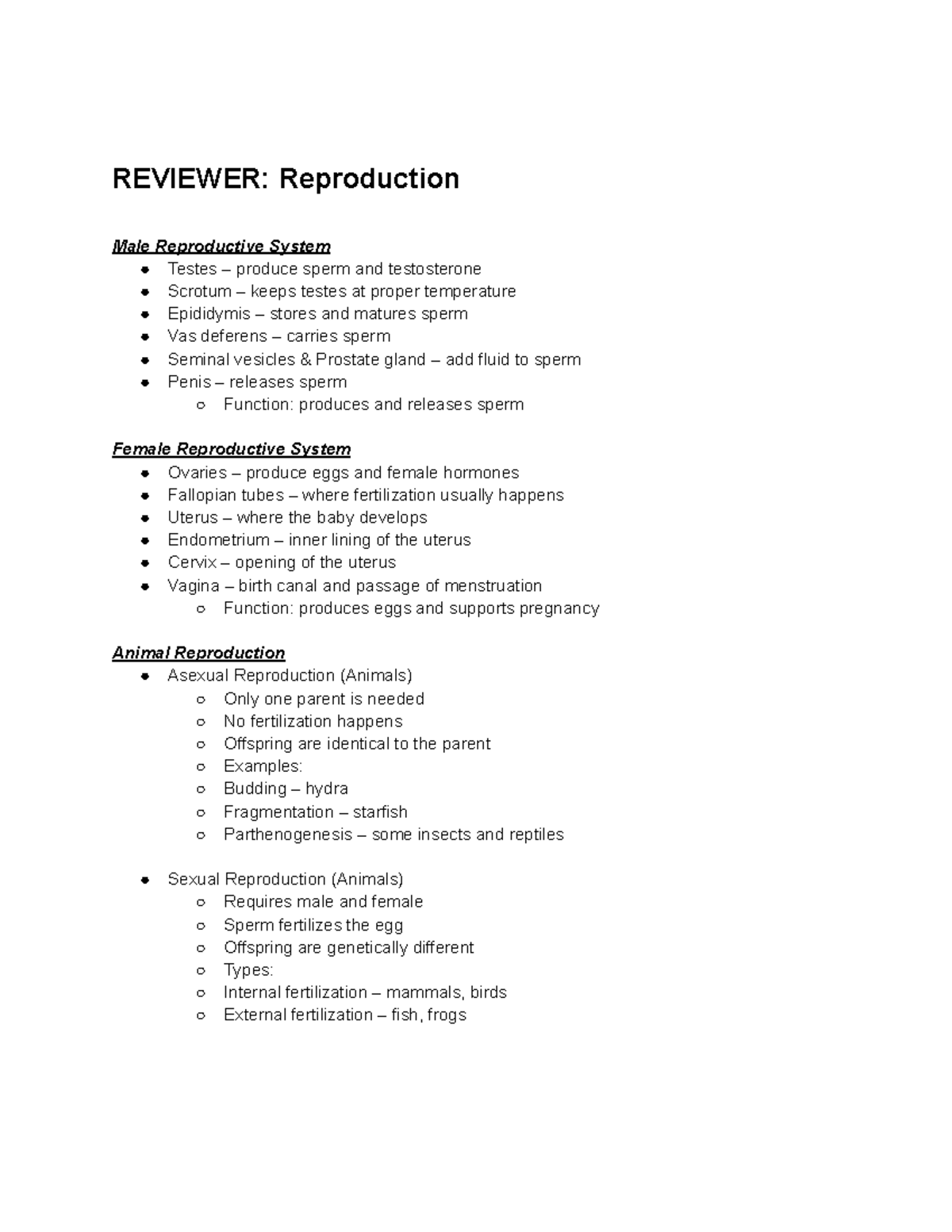 REVIEWER: Reproductive System Overview (BIO 101) - Studocu