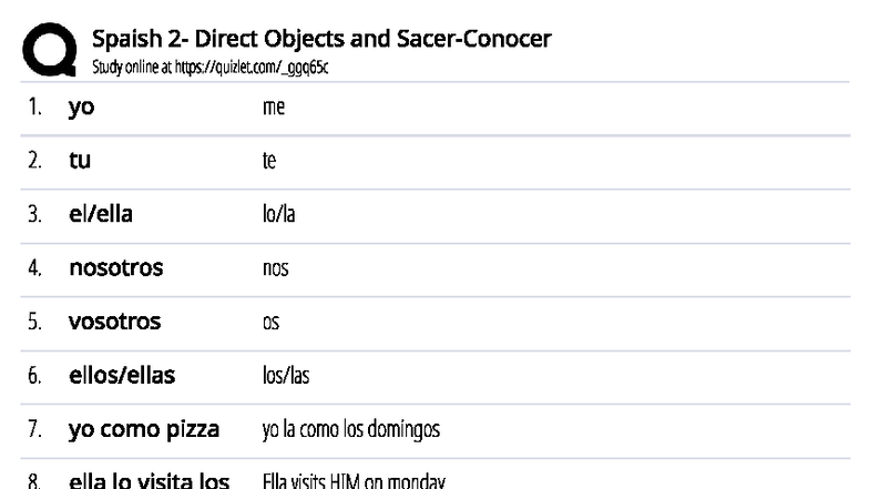 Spanish Direct Objects and Sacer-Conocer Study Guide - Studocu