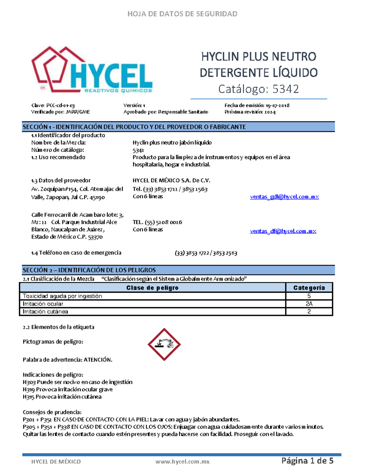 Hoja de Datos de Seguridad: Jabón HYCEL Neutro 5342 - Studocu