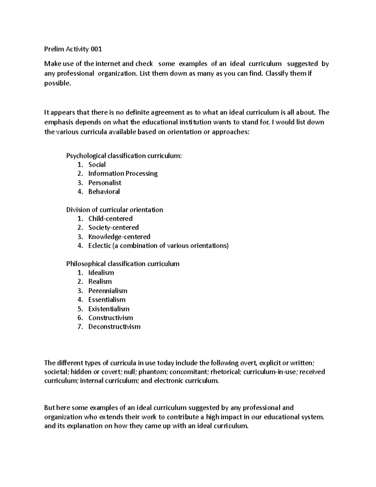 Prelim Activity 001: Exploring Ideal Curriculum Concepts and Theories ...