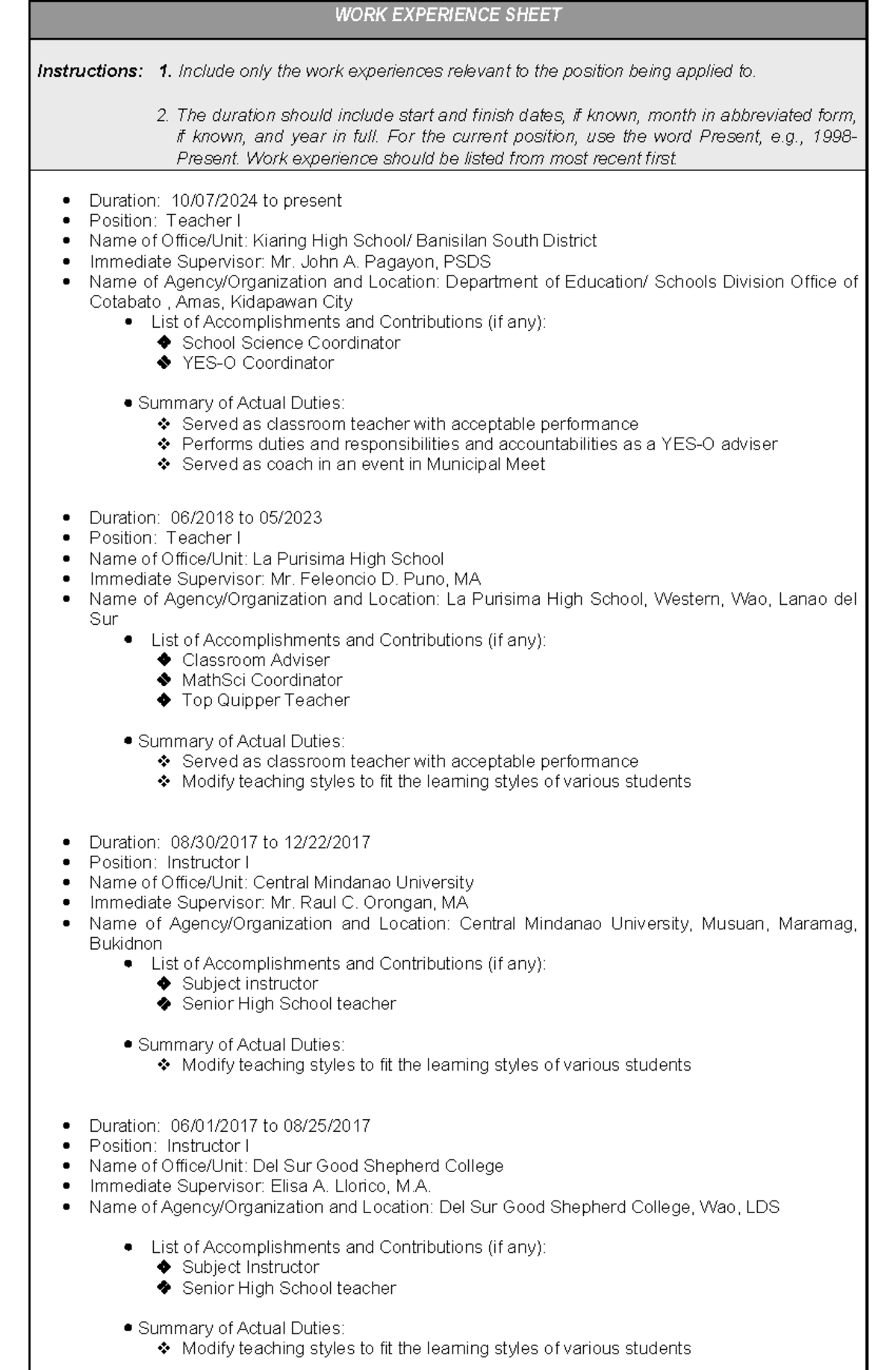 CS Form 212: Work Experience Sheet for 2025 - Studocu