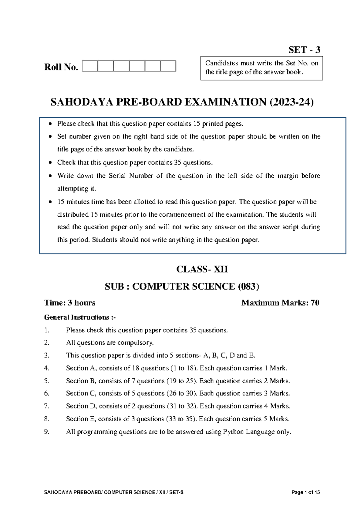 Sahodaya Preboard XII (2023-24) - Computer Science QP Set 3 - Studocu