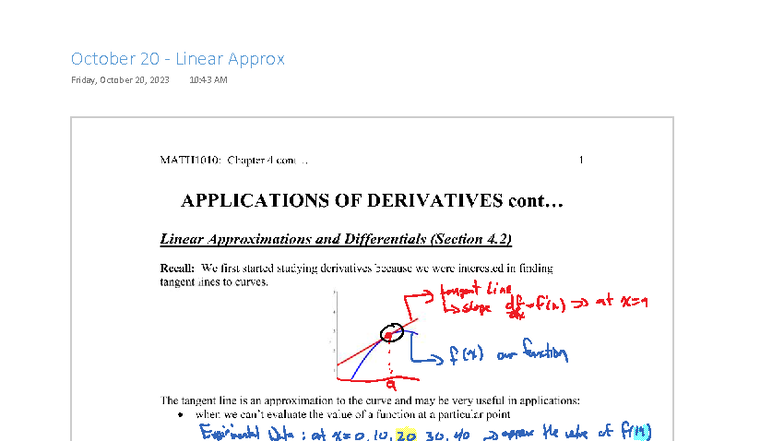 Lecture Oct20 Complete Nick - MATH1010U - October 20 - Linear Approx ...