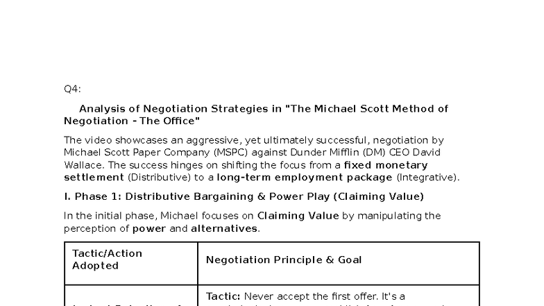 Q4: Analysis of Negotiation Strategies in Michael Scott's Method - Studocu