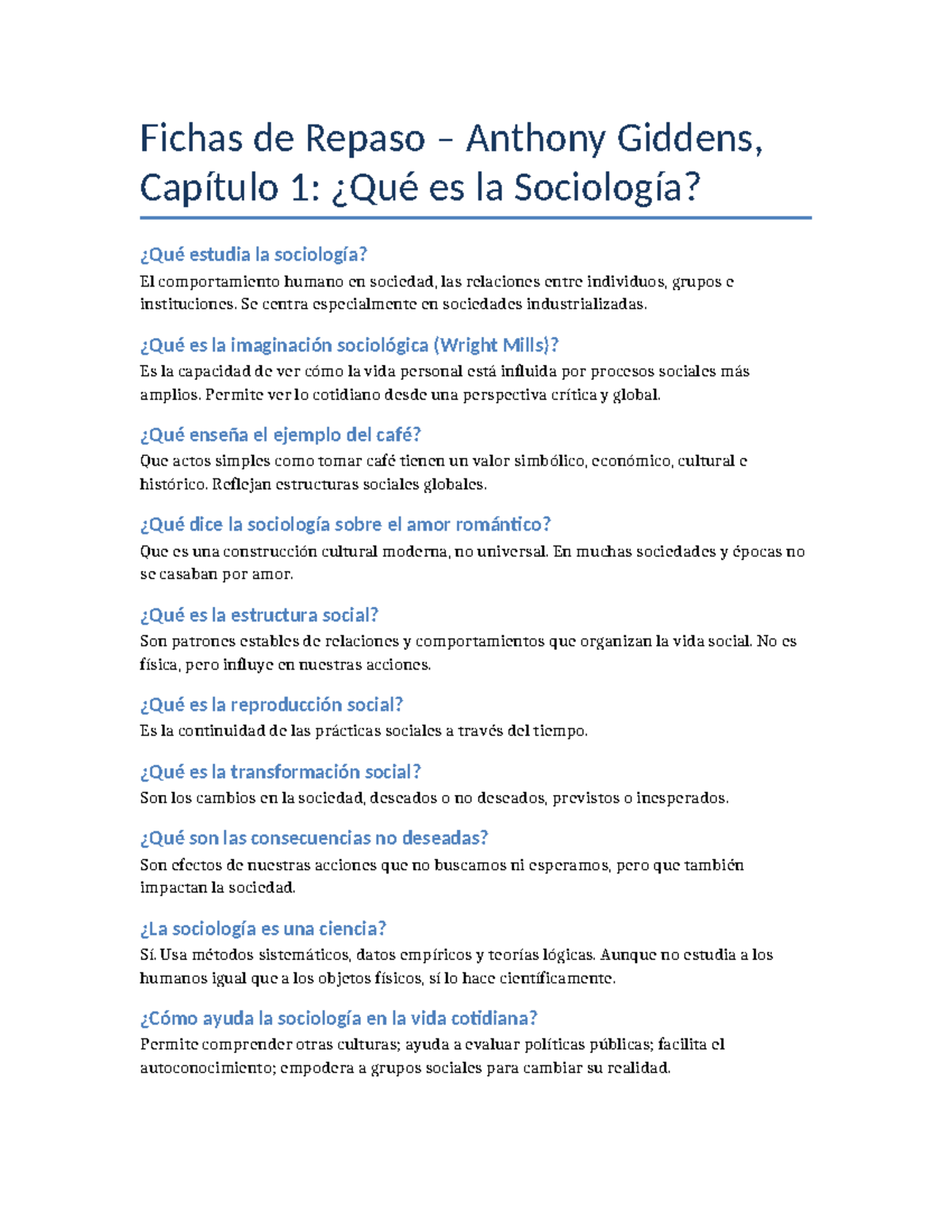 Fichas de Repaso: Sociología según Anthony Giddens, Capítulo 1 - Studocu