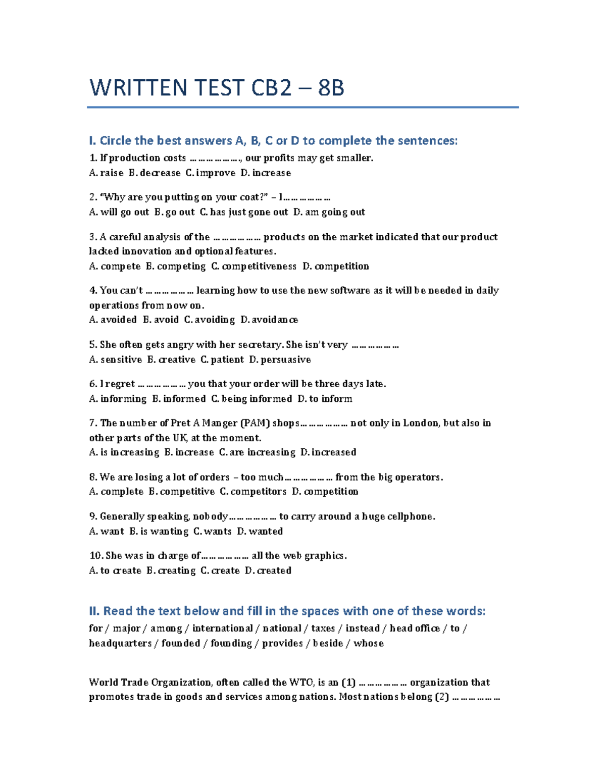 WRITTEN TEST CB2 8B: Multiple Choice & Fill-in-the-Blank Exercises ...