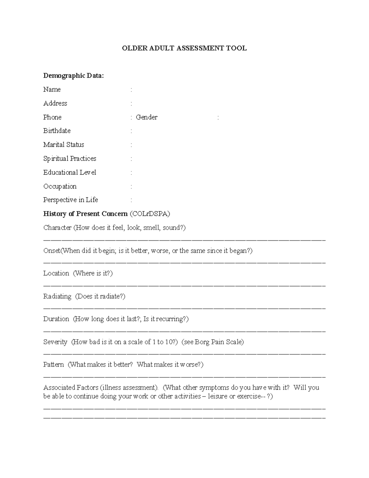 Older Adult Assessment Tool: Comprehensive Demographic & Health Data ...