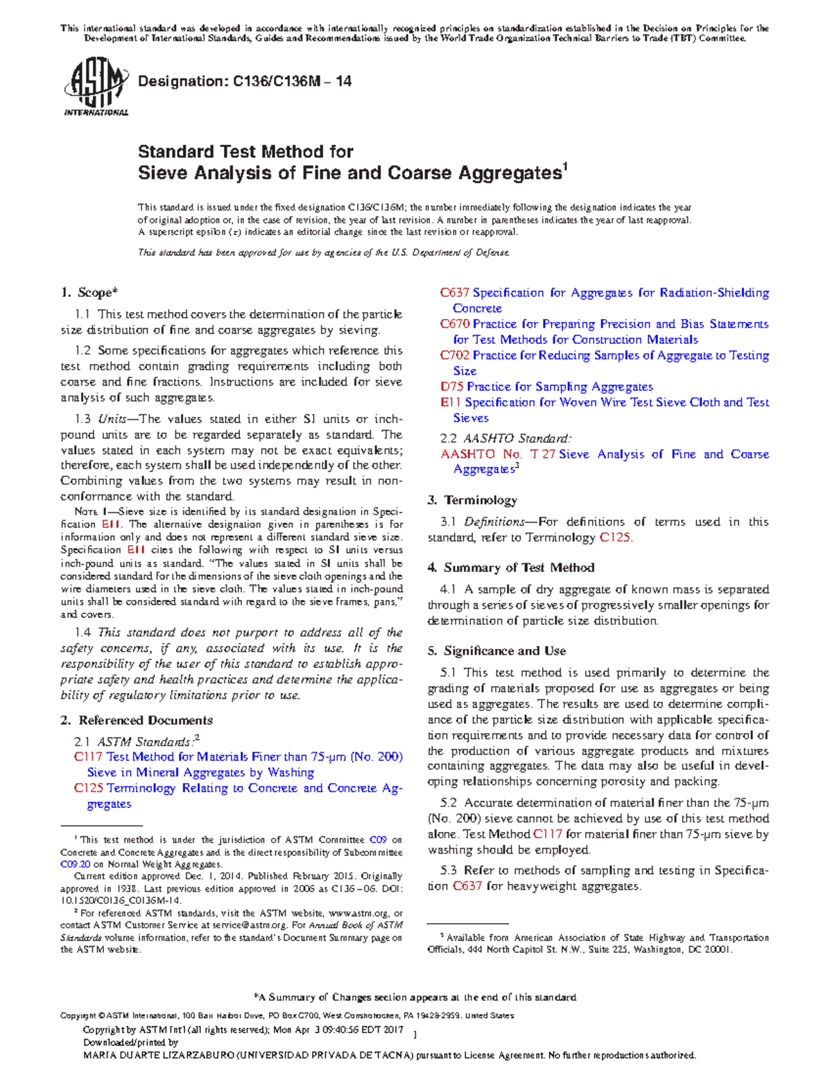 ASTM C136/C136M-14: Standard Test Method for Sieve Analysis of ...
