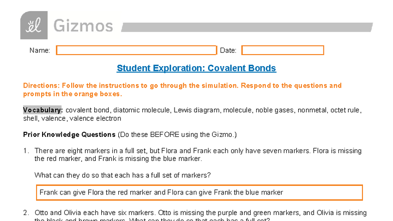 Covalent Bonds SE: Student Exploration Activity Guide - Studocu