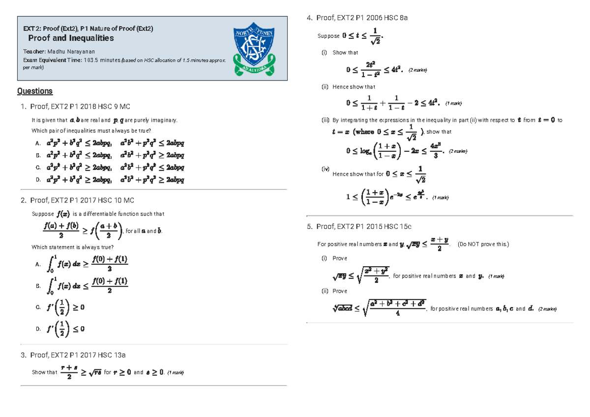 Extension 2 HSC Proofs & Inequalities - Question Compilation - Studocu