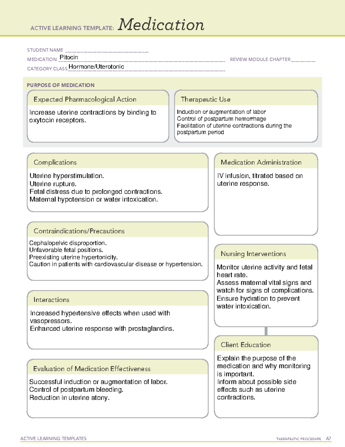 ACTIVE LEARNING TEMPLATE: Pitocin Medication Review Module - Studocu