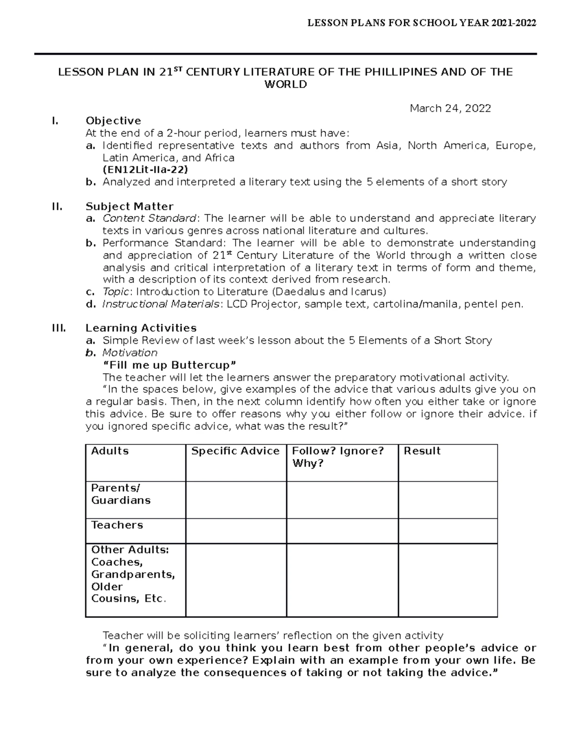 LP - COT 21ST Century Literature Lesson Plan with ICT Integration - Studocu