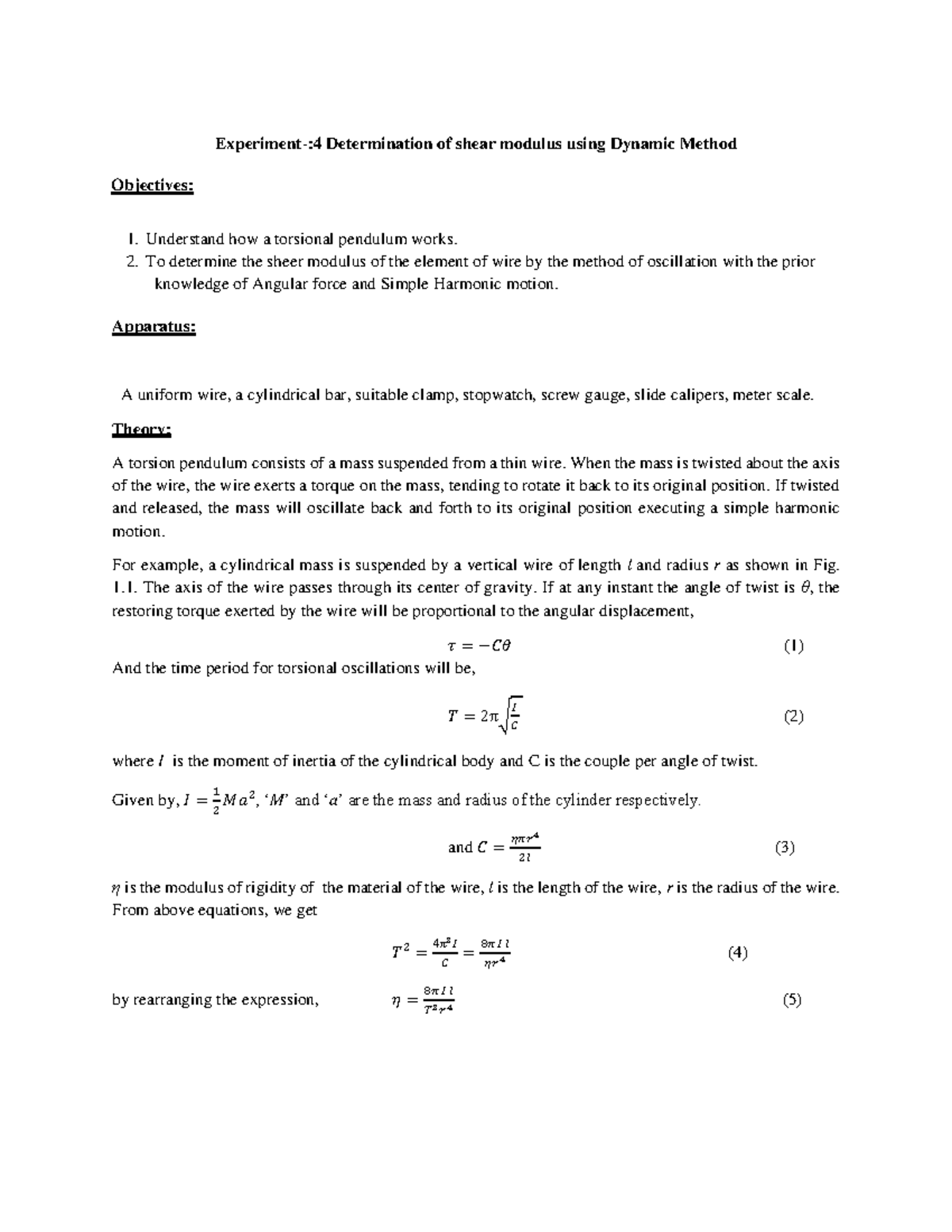 107 lab 4 - lab manual - Experiment-:4 Determination of shear modulus ...