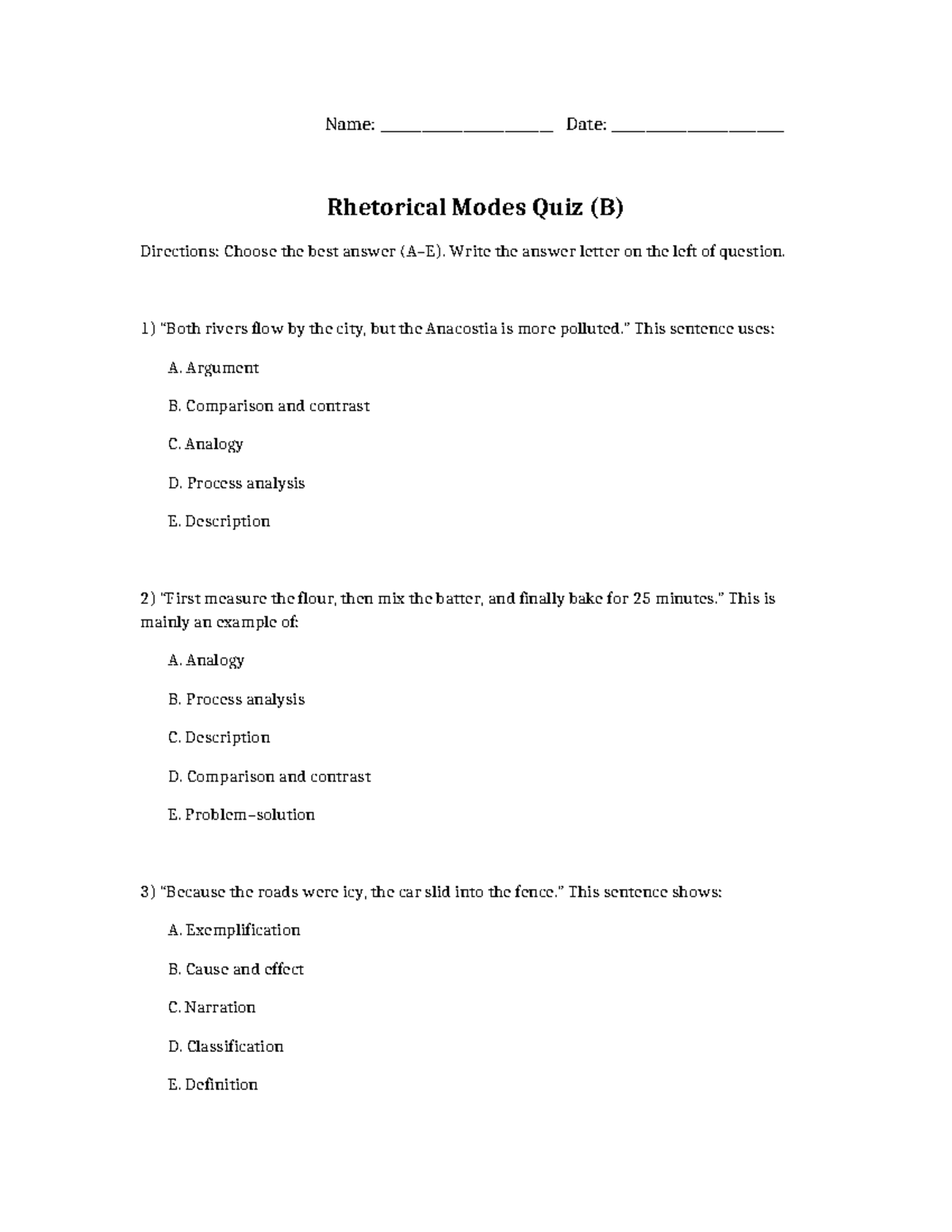 Rhetorical Modes Quiz (B) - Answer Key and Directions - Studocu