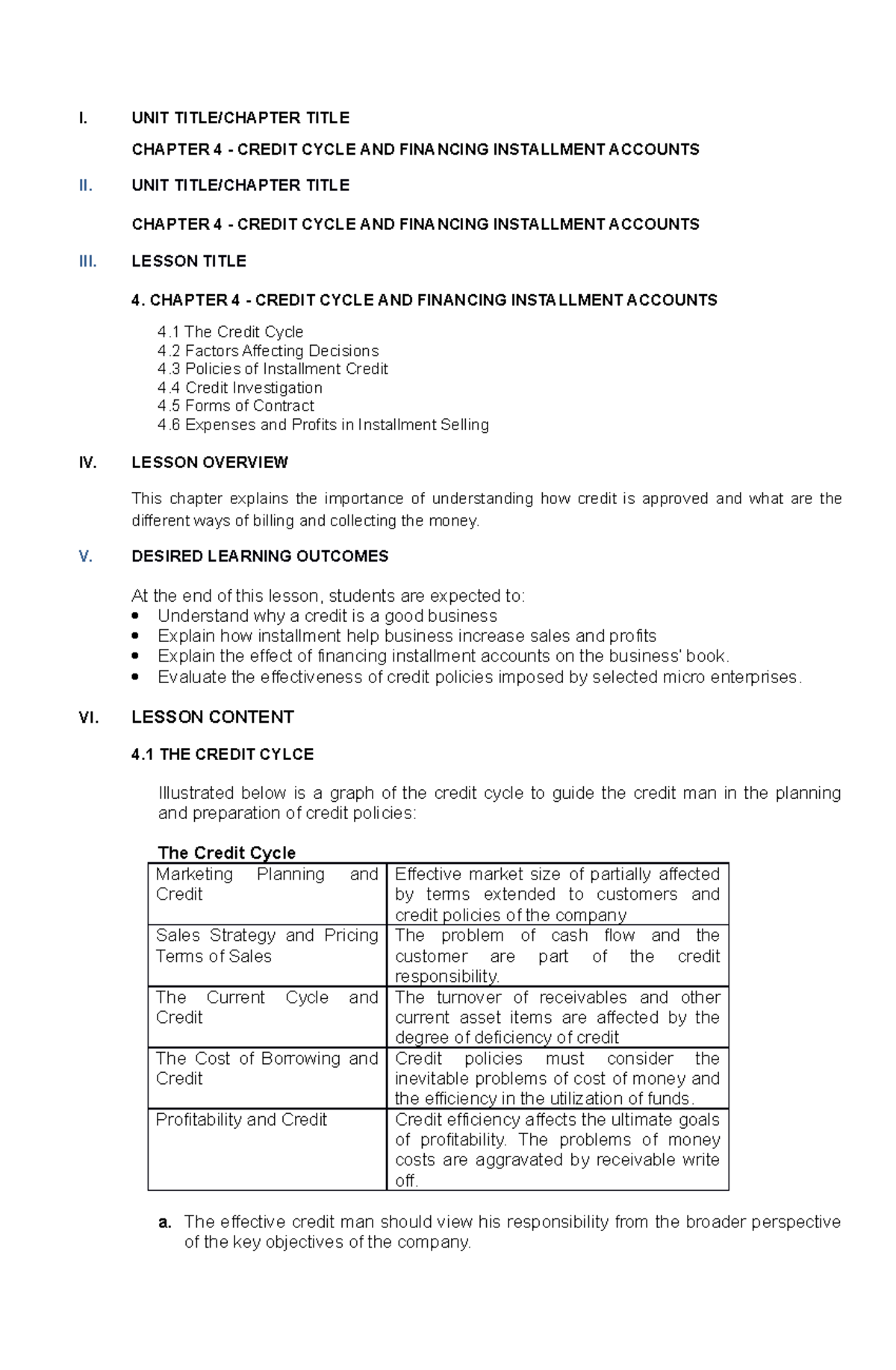 1 - PATHF - I. UNIT TITLE/CHAPTER TITLE CHAPTER 4 - CREDIT CYCLE AND ...