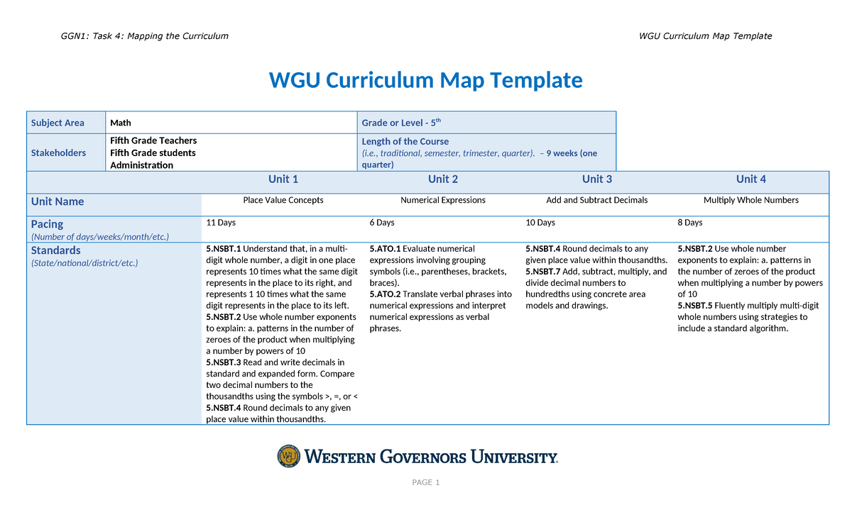 Task Four - Curriculum Map - WGU Curriculum Map Template Subject Area ...