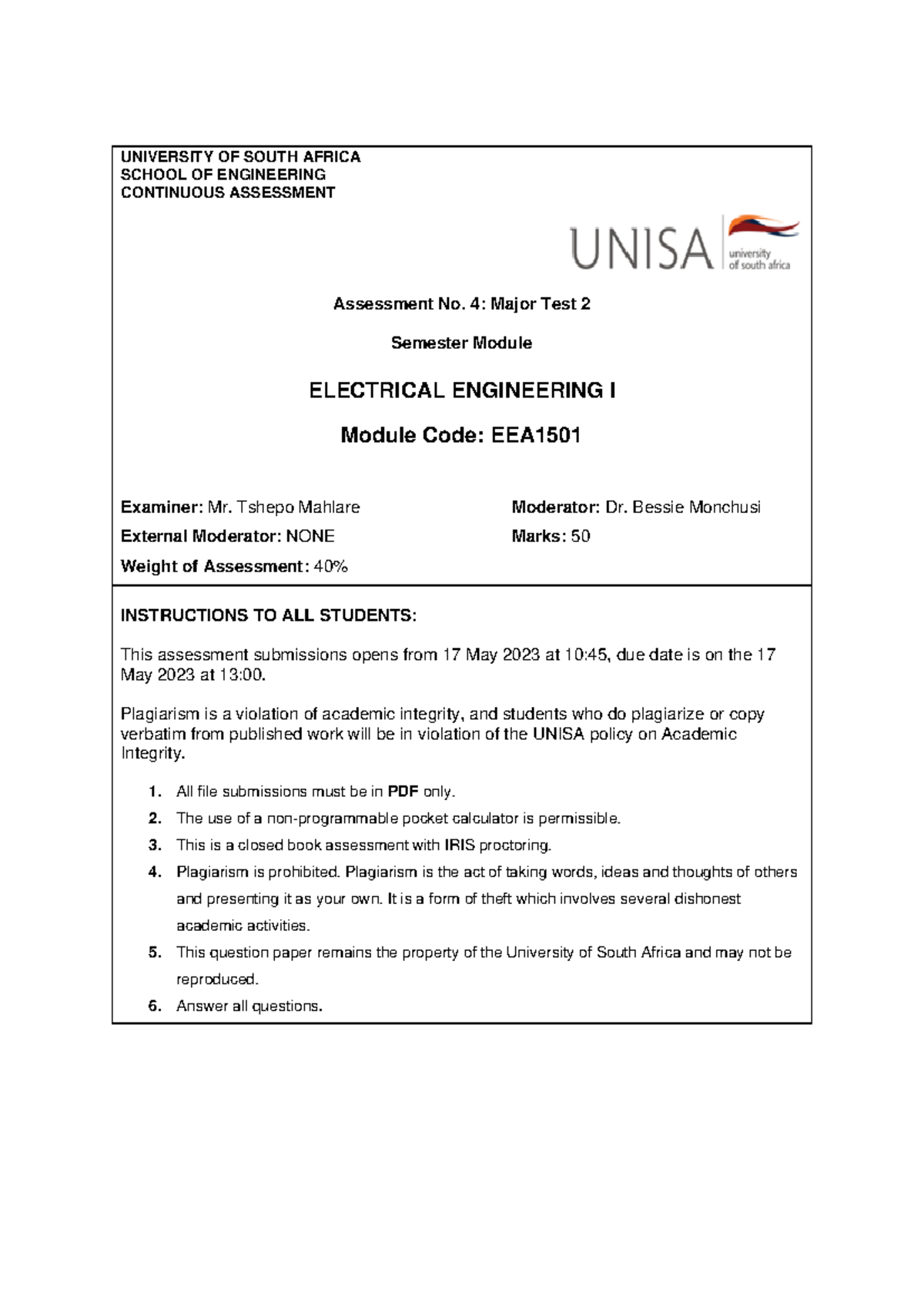Major Test 2: EEA1501 Electrical Engineering I - 2023 - Studocu