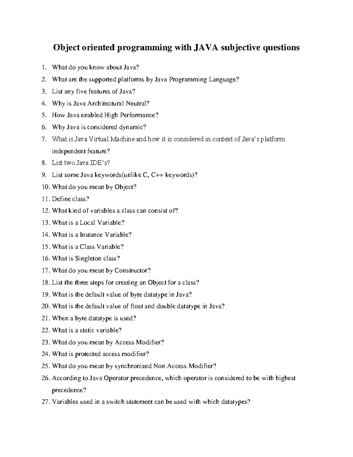 OOP JAVA Subjective Questions for Exam Preparation - Studocu