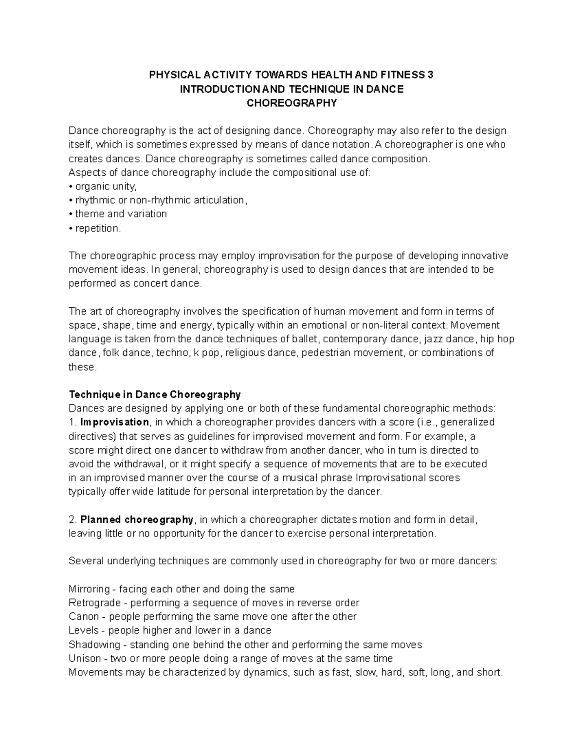 Introduction AND Technique IN Dance Choreography - PHYSICAL ACTIVITY ...