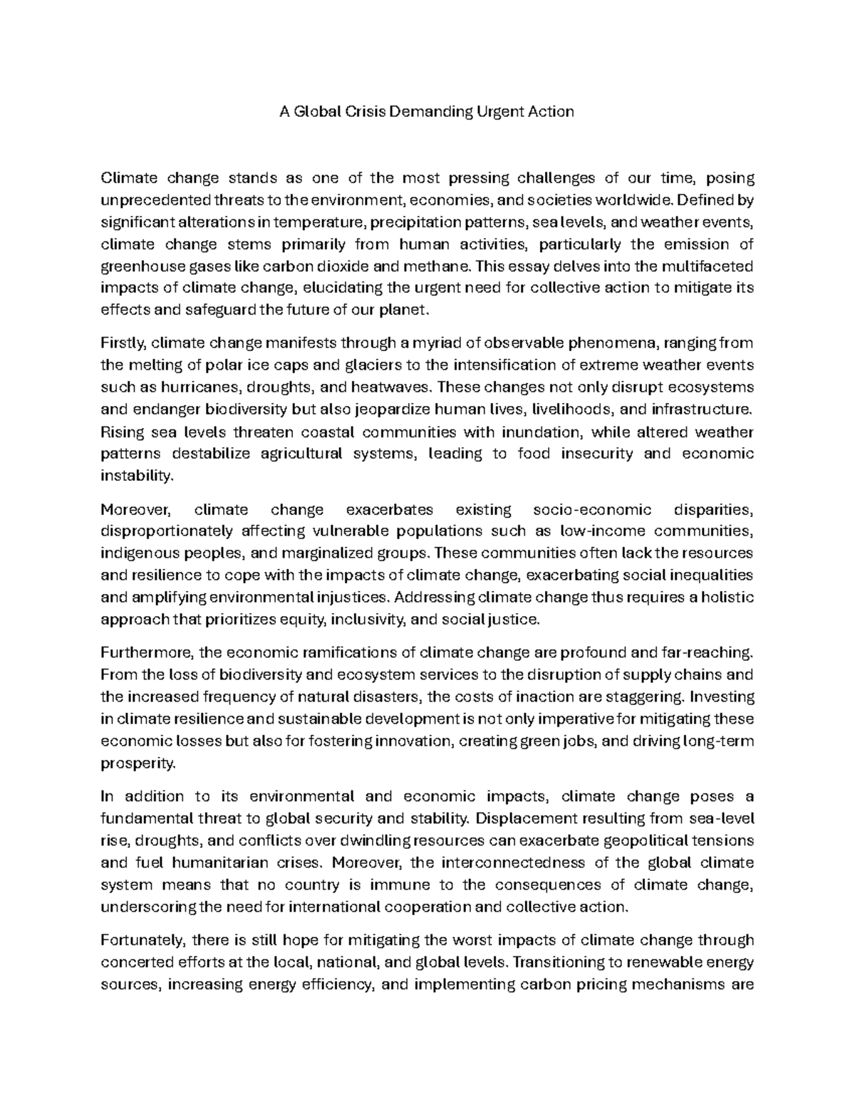 Climate Change Essay (ENG101): Urgent Global Action Needed - Studocu