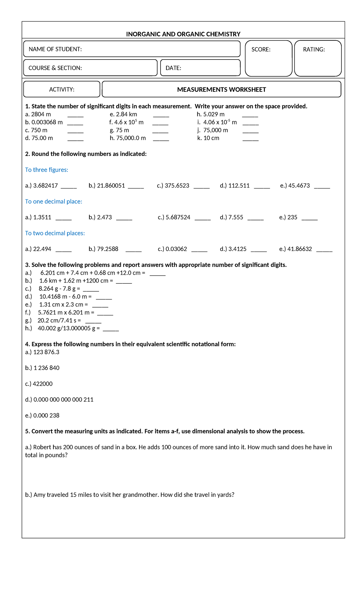 Measurements Worksheet: Significant Digits & Unit Conversions - Studocu