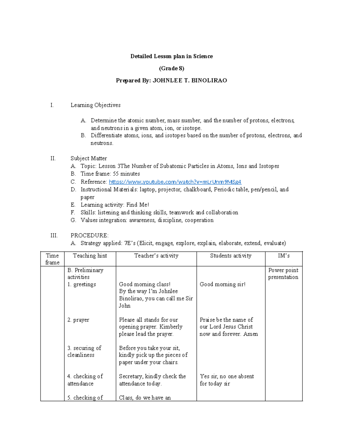 Detailed Lesson Plan in Science (Grade 8): Subatomic Particles ...