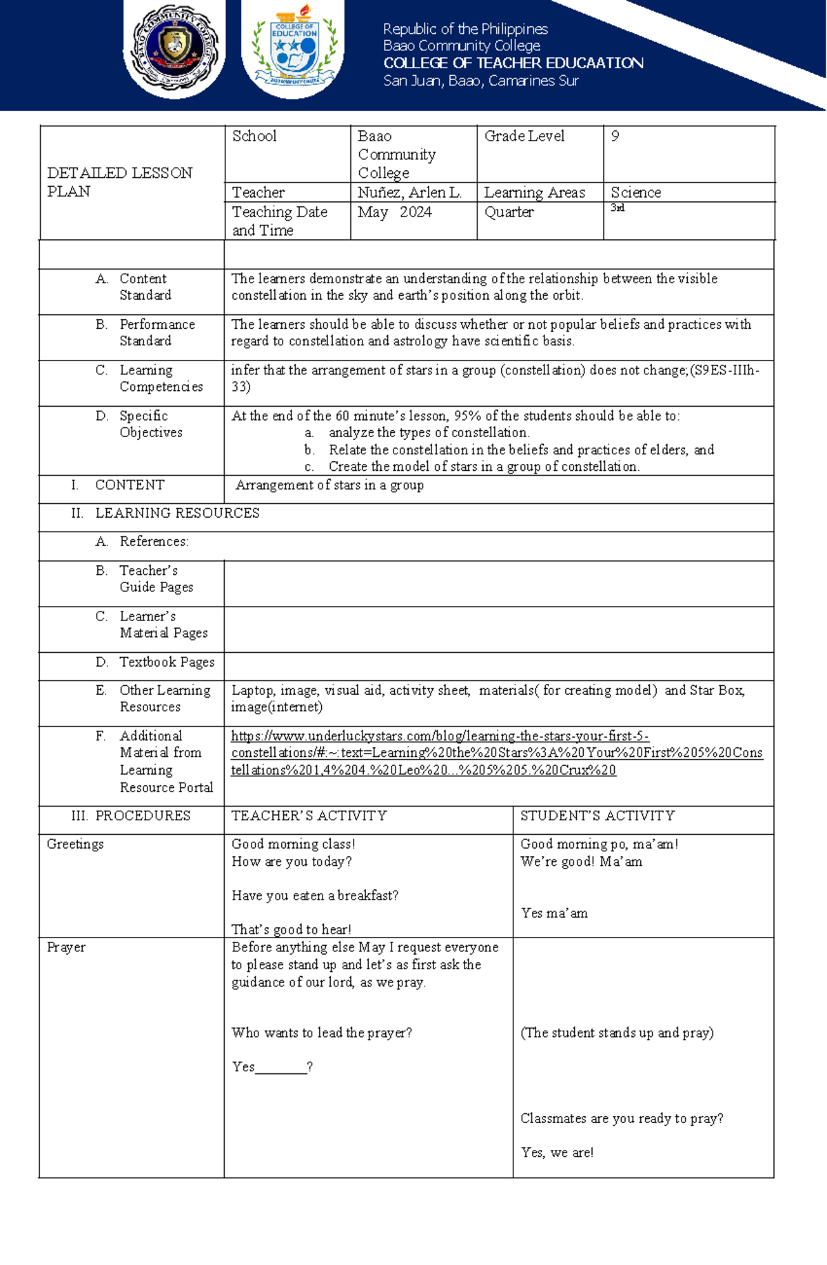 Detailed Lesson PLAN.docx astronomy - Republic of the Philippines Baao ...