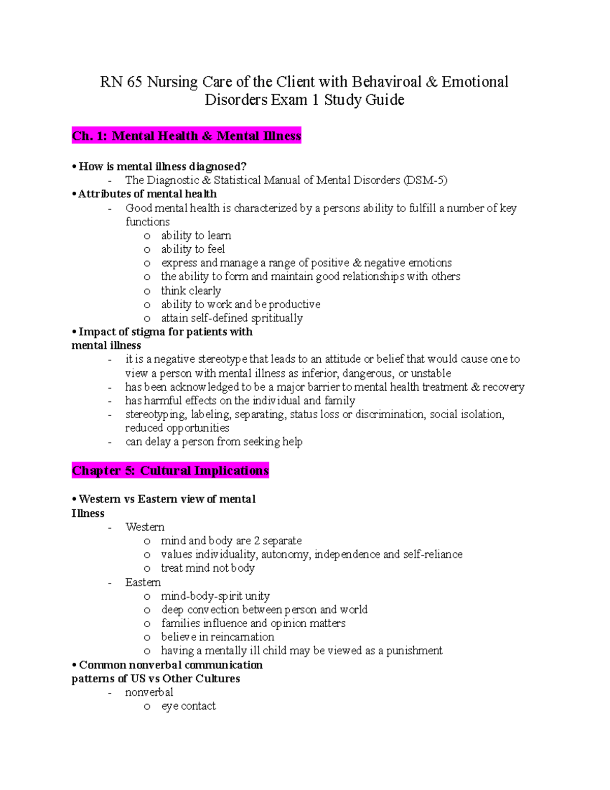 RN 65 Study Guide: Exam 1 on Mental Health & Behavioral Disorders - Studocu