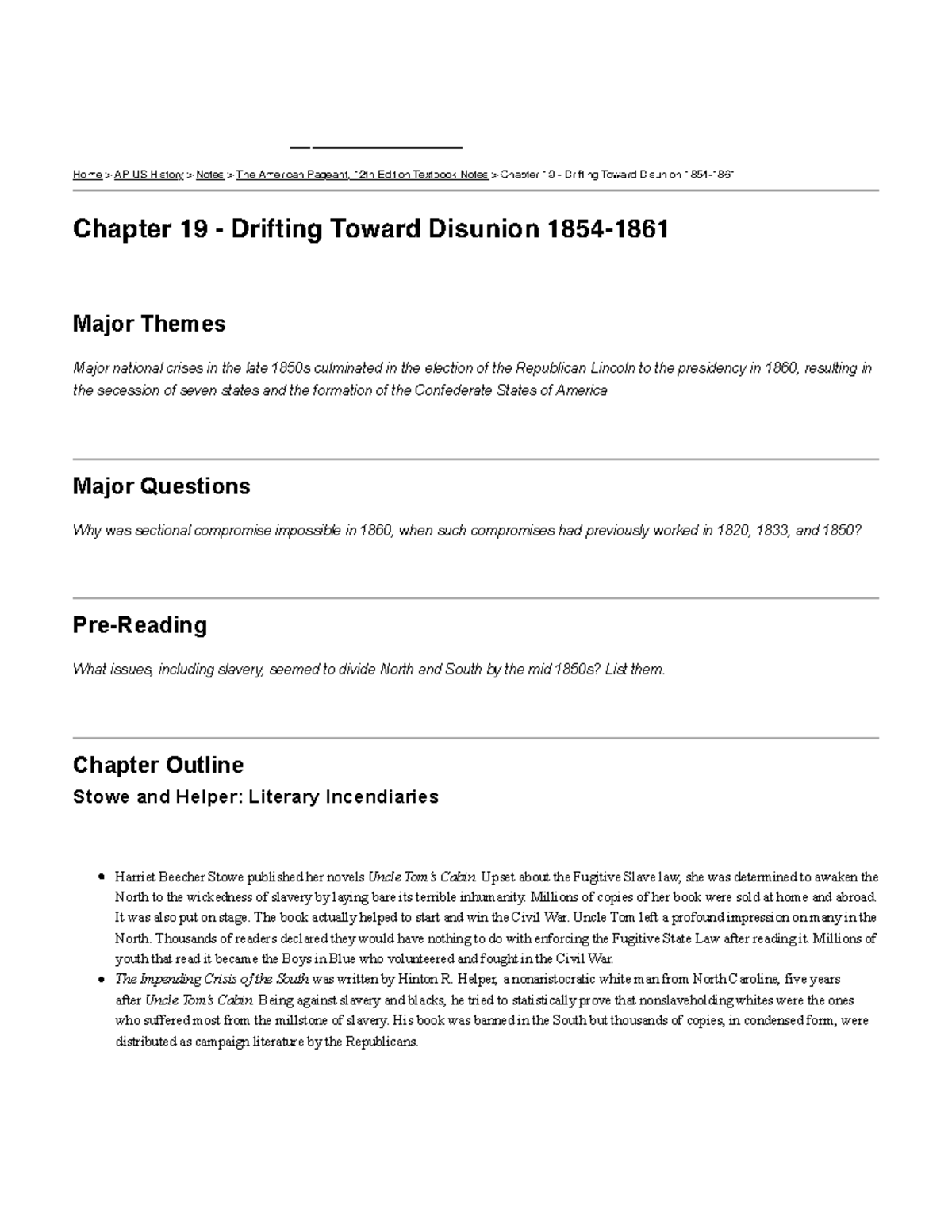 Chapter 19 - Drifting Toward Disunion 1854-1861 - Home > AP US History ...