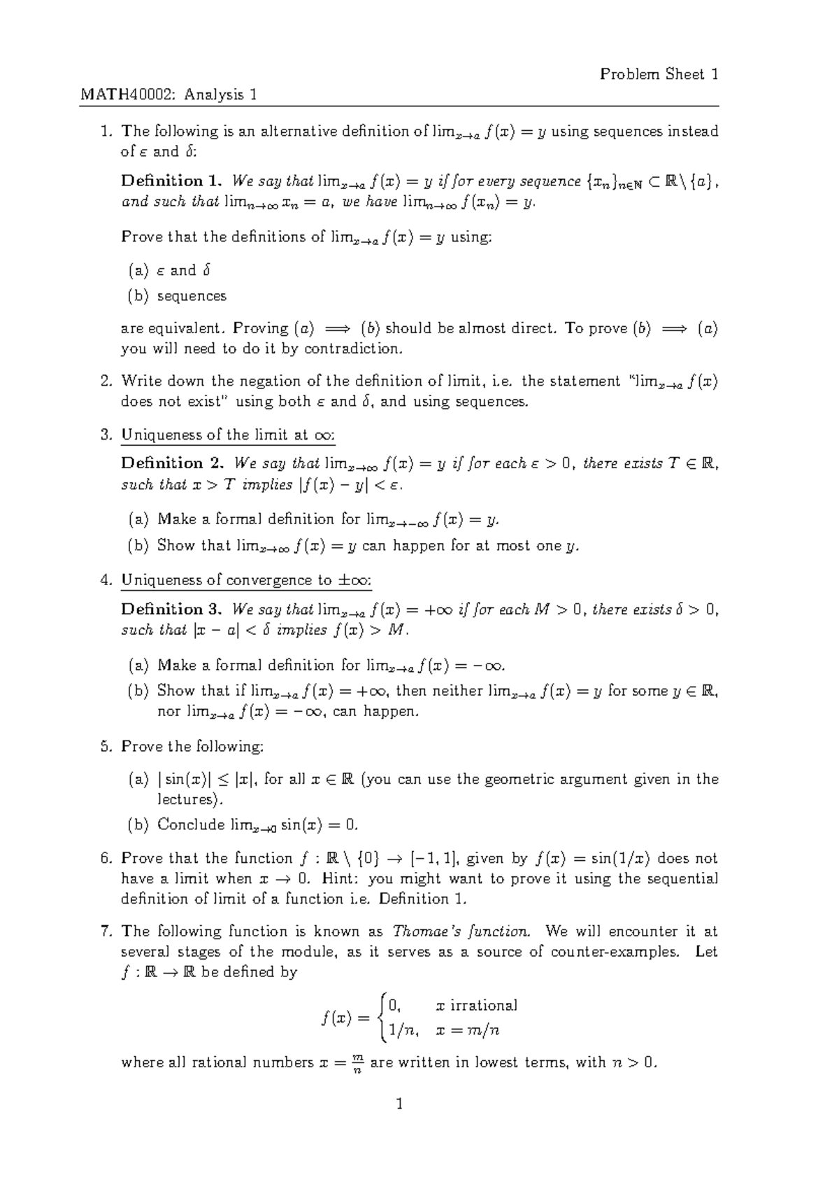 Problem sheet 1 analysis 1: definitions and proofs of limits - Studocu