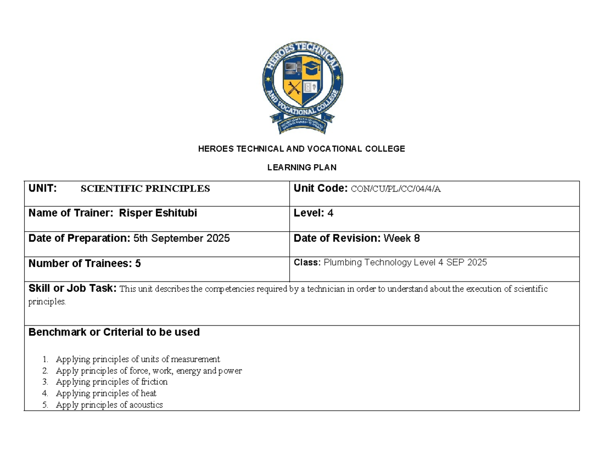 HEROES TVC Level 4 Learning Plan: Scientific Principles Unit - Studocu