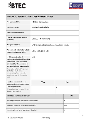 Networking assignment 2 - 1 INTERNAL VERIFICATION – ASSIGNMENT BRIEF ...